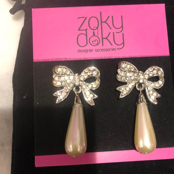 ZokyDoky | Jewelry | Pave Crystal Bow Elongated Pearl Drop ...